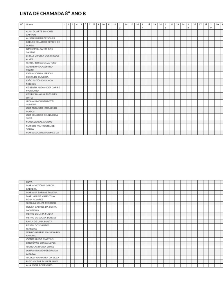 LISTA DE CHAMADA 8º ANO B | PDF