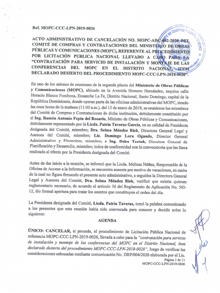 Acta de Cancelación Ref Mopc CCC LPN 2019 0026 | PDF
