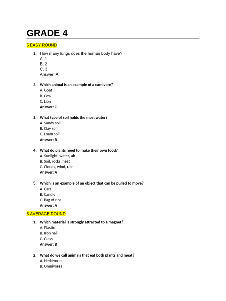 Grade 4-6 Science Quiz Questions | PDF | Respiratory System | Earth