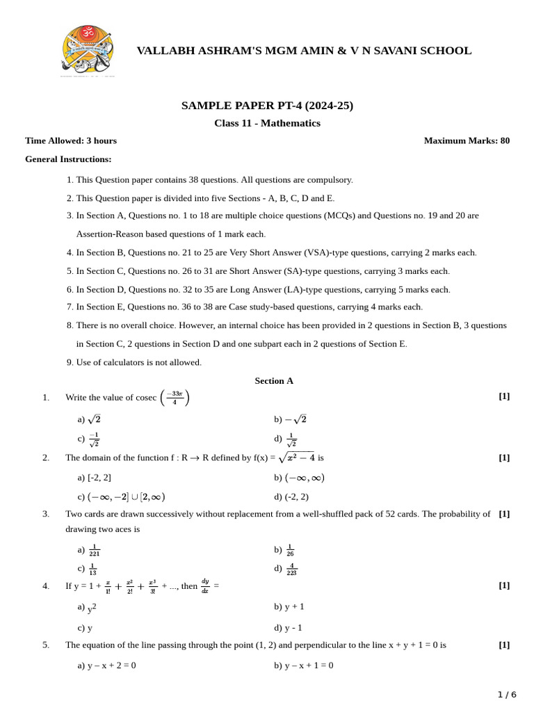 Class 11 Mathematics Sample Paper 2024-25 | PDF | Elementary Geometry ...
