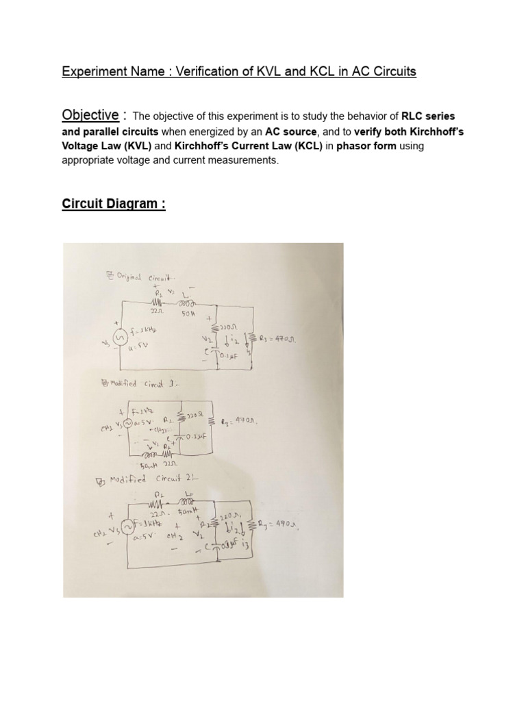 Objective:: Experiment Name: Verification of KVL and KCL in AC Circuits ...
