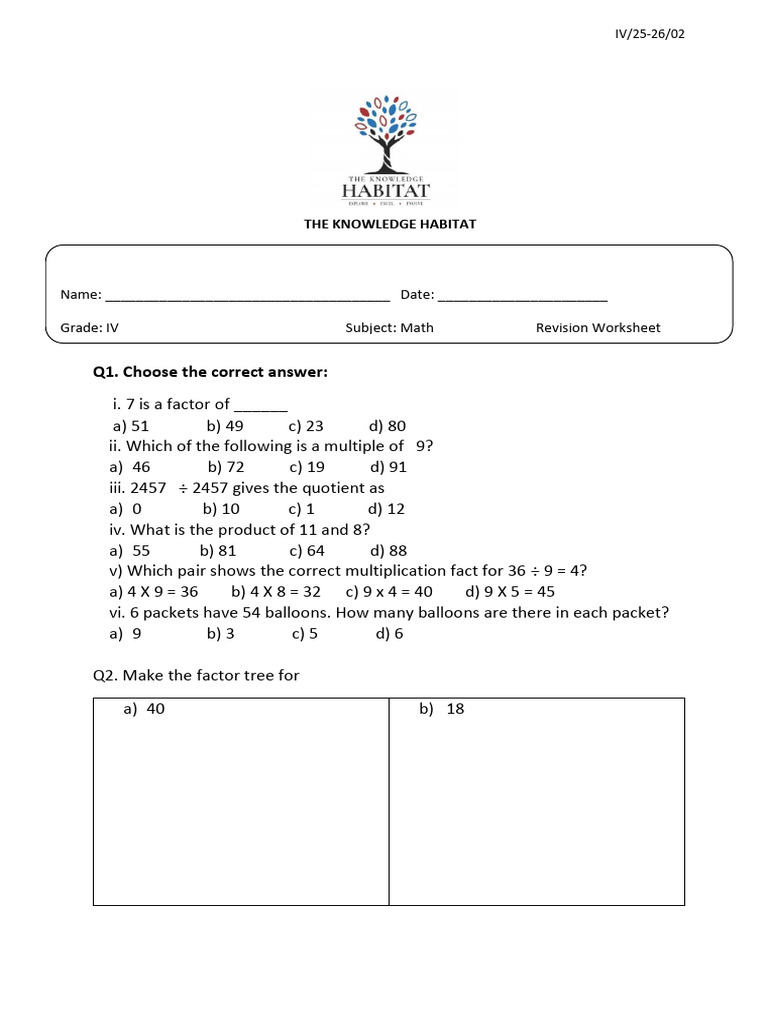 Revision Worksheet 2, Grade 4 | PDF