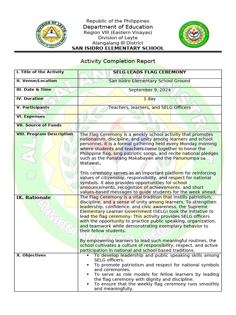 SELG ACR ACTIVITIES Flag Ceremony | PDF | Learning