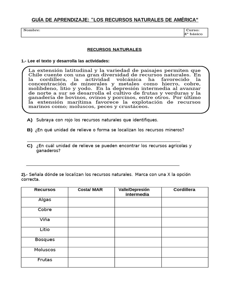 Actividad RECURSOS NATURALES | PDF | Cobre | Entorno natural