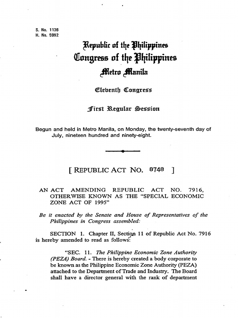 RA 8748 - Amendment To Peza Law | PDF | Taxes | Board Of Directors