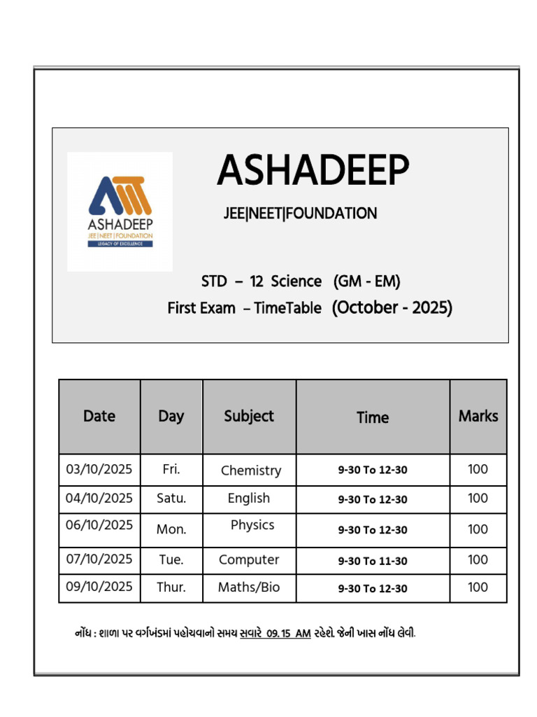 Ashadeep: Jee - Neet - Foundation STD - 12 Science (GM - Em) First Exam ...