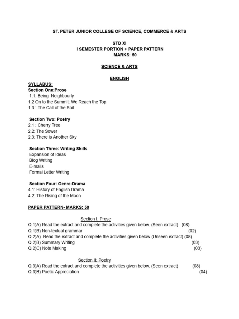 STD Xi (Sci.) I Semester Portion + Paper Pattern (25-26) | PDF