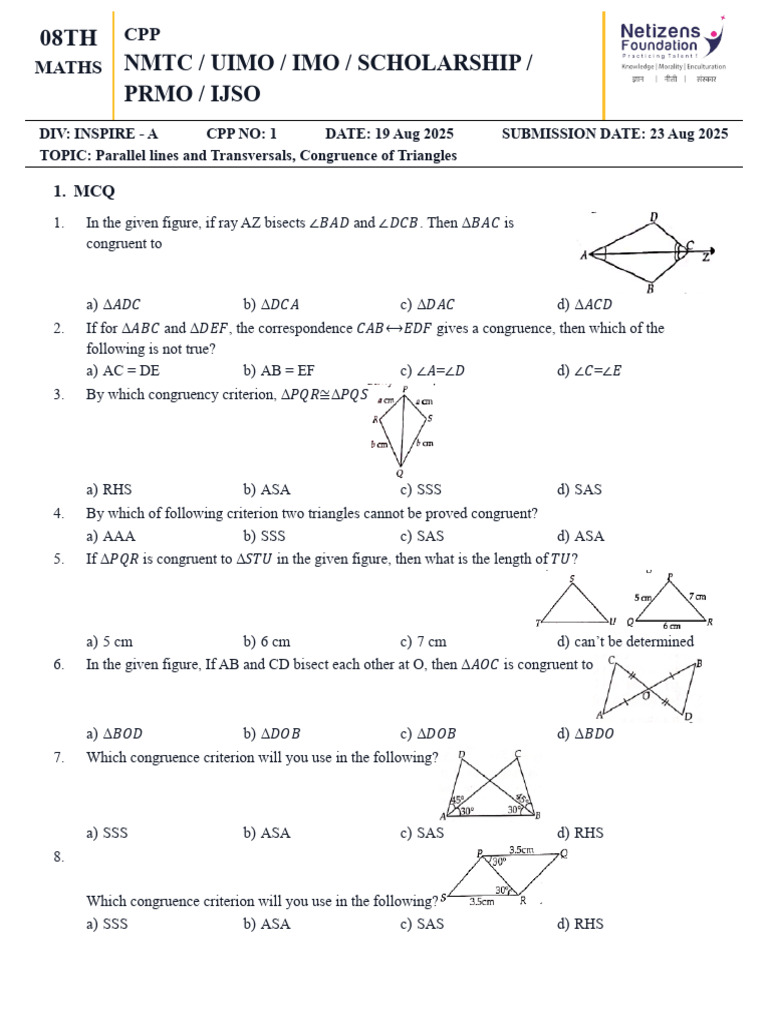 08 - MATHS - INSPIRE - A Parallel Lines and Transversals, Congruence of ...
