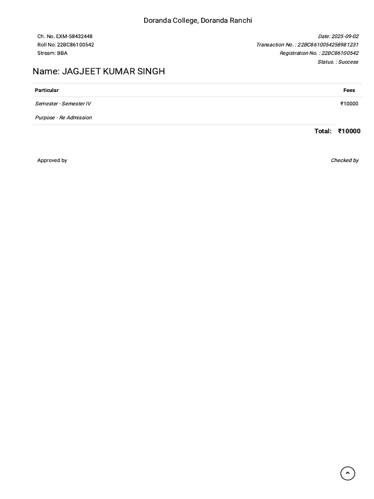 Doranda College Fee Payment Receipt | PDF
