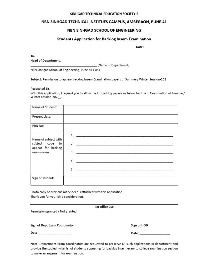 Students Application For Backlog Insem Examination-1 | PDF