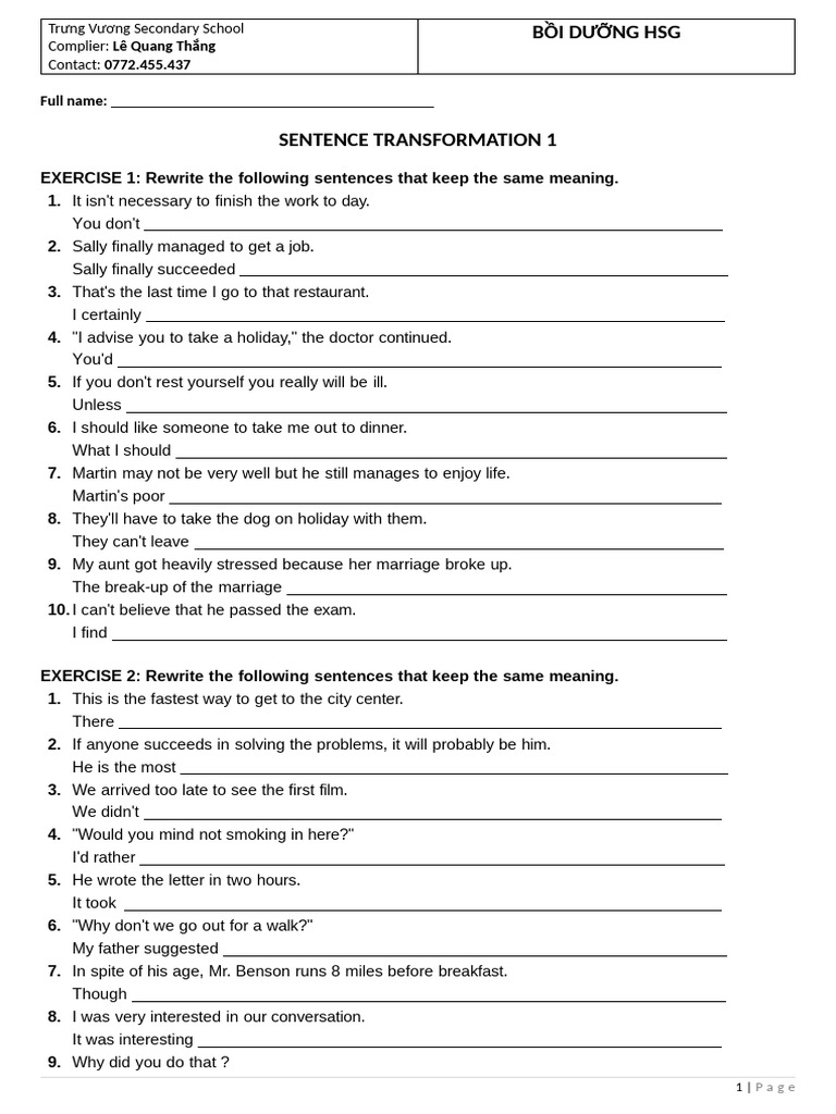 Sentence Transformation Exercises | PDF