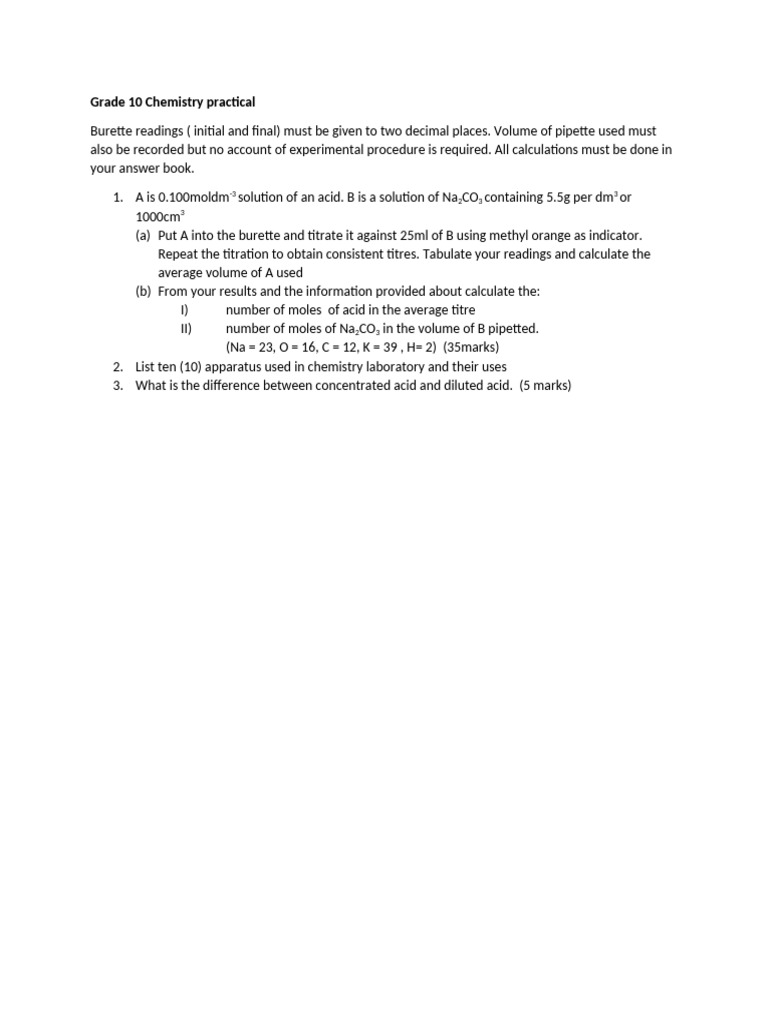 Grade 10 Chemistry Practical Exams | PDF