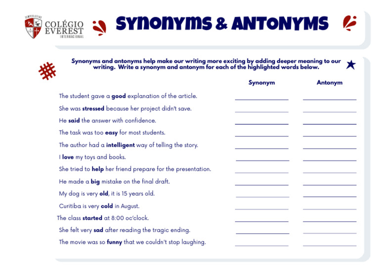 Synonyms and Antonyms Digital Worksheet in A Blue Yellow Simple Style | PDF