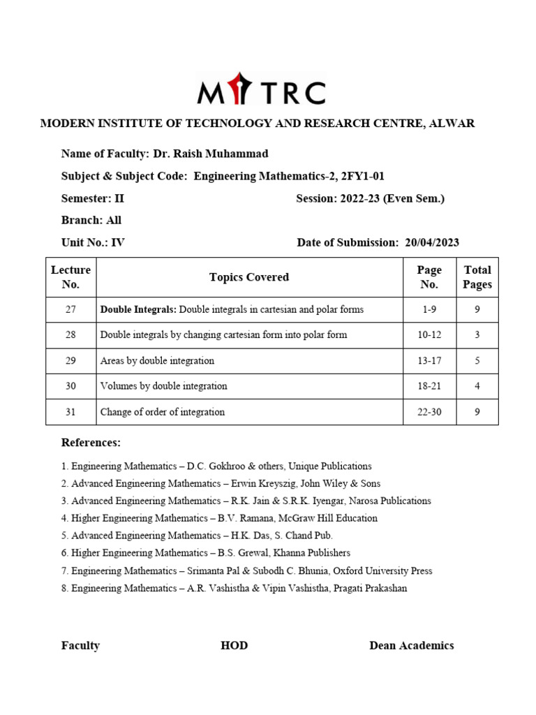 Double Integrals in Engineering Mathematics | PDF | Integral ...