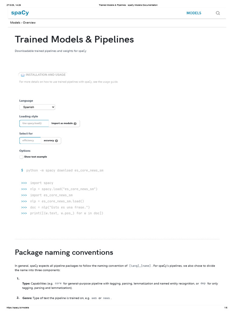 Trained Models & Pipelines SpaCy Models Documentation | PDF | Parsing | Computer Science