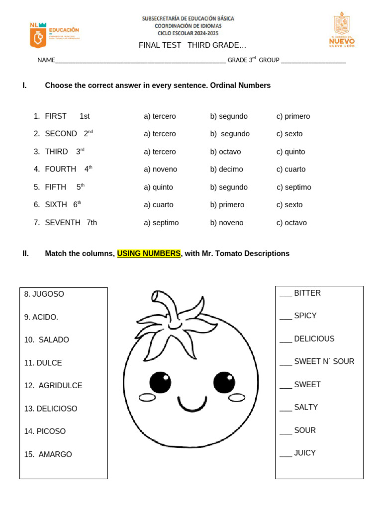 Final Test 3rd Grade Pdf