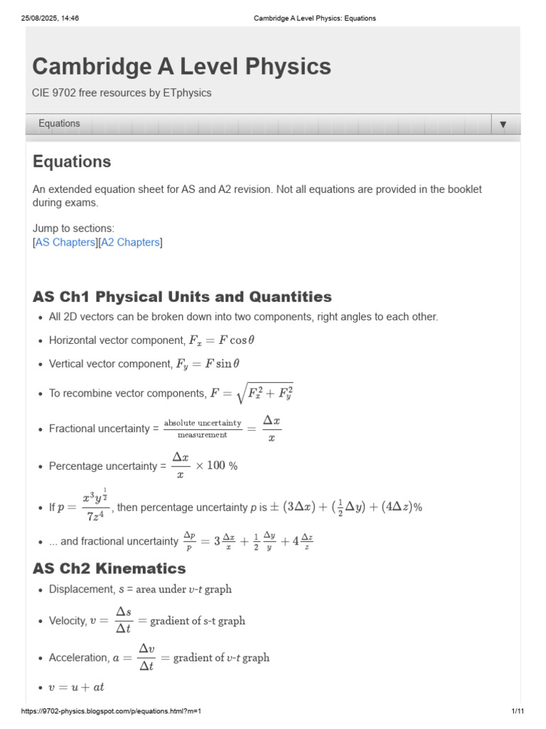 Cambridge A Level Physics - Equations | PDF | Force | Elasticity (Physics)