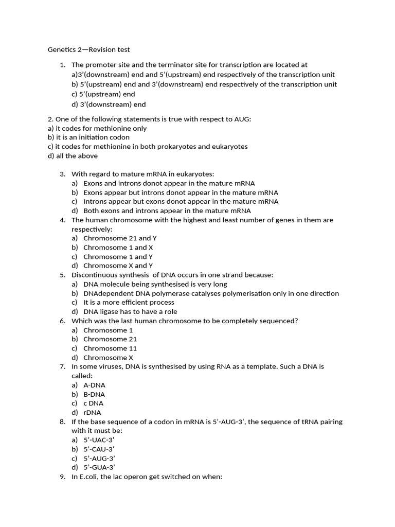 Genetics 2 Revision Test | PDF | Dna | Messenger Rna