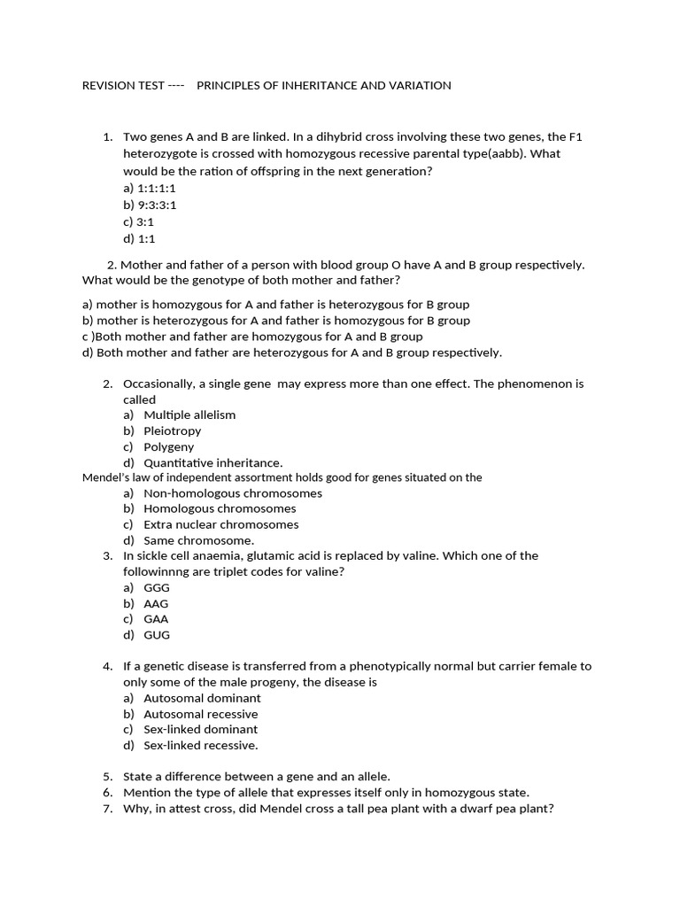 Inheritance and Variation Principles Quiz | PDF | Dominance (Genetics ...