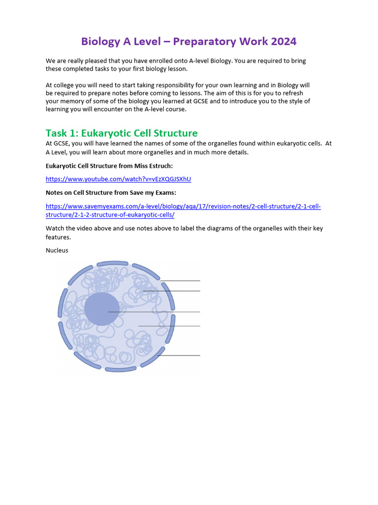 A-Level Biology Prep Tasks 2024 | PDF | Endoplasmic Reticulum | Cell ...