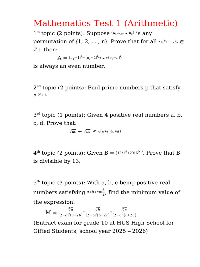Grade 10 Arithmetic Math Test | PDF