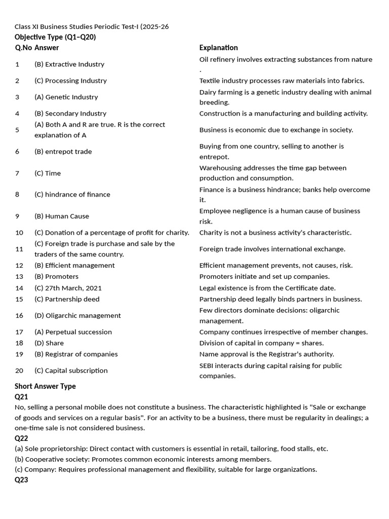 Class XI Business Studies Test 2025-26 | PDF | Business | Employment