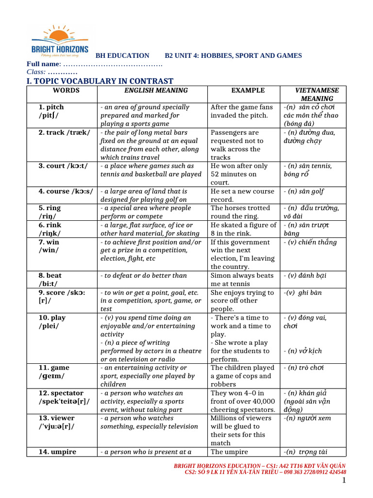 b2 Unit 4 - Hobbies, Sport and Games Voc | PDF