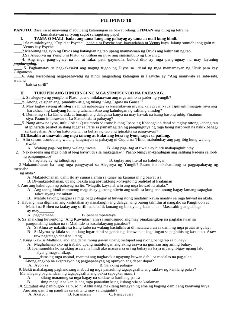 Filipino 10 q1 Unit Test and Reviewer | PDF