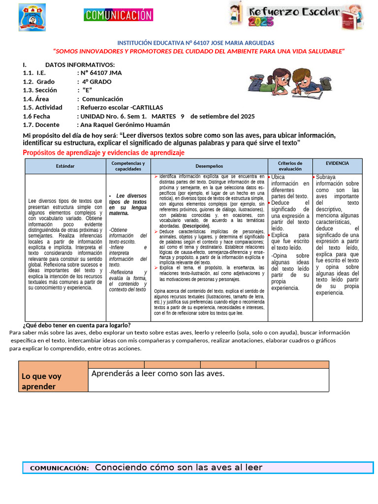 Lectura sobre Aves para 4° Grado | PDF | Información | Aves