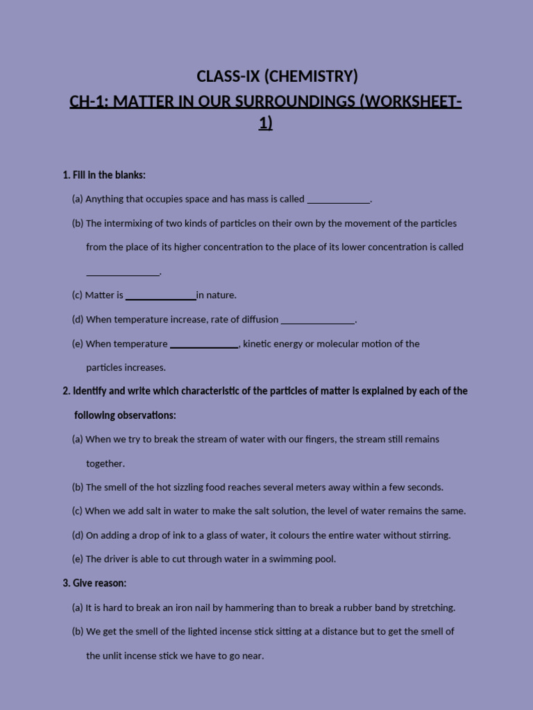 Class IX Chemistry: Matter Worksheet | PDF | Matter | Chemistry