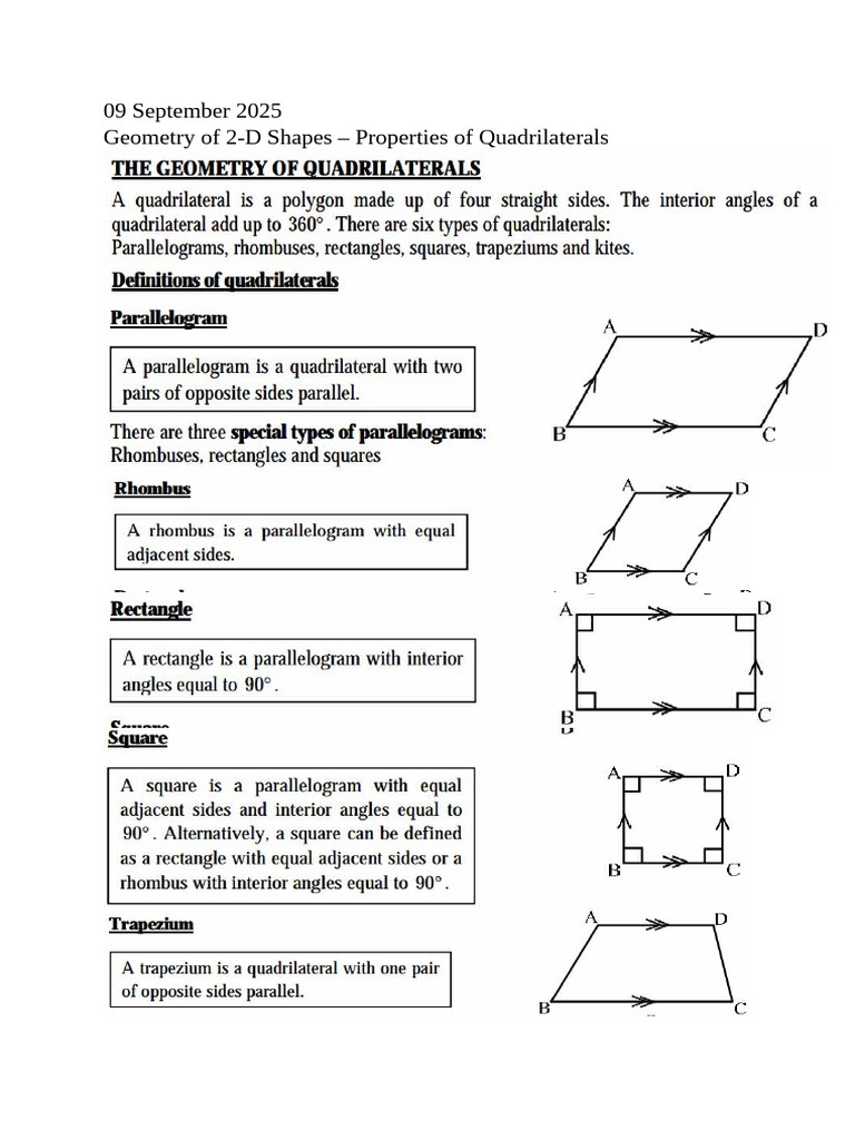 08.09.2025 Properties of 2-D Shapes - Properties of Quadrilaterals | PDF