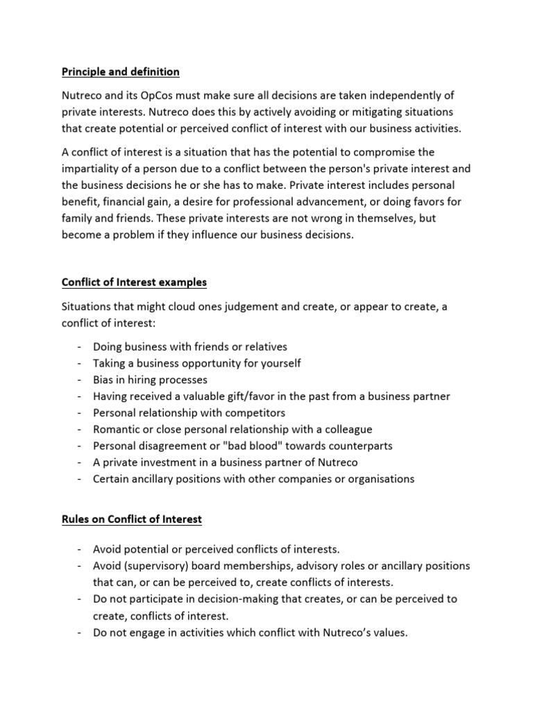 Nutreco Conflict of Interest Guidelines | PDF | Conflict Of Interest ...