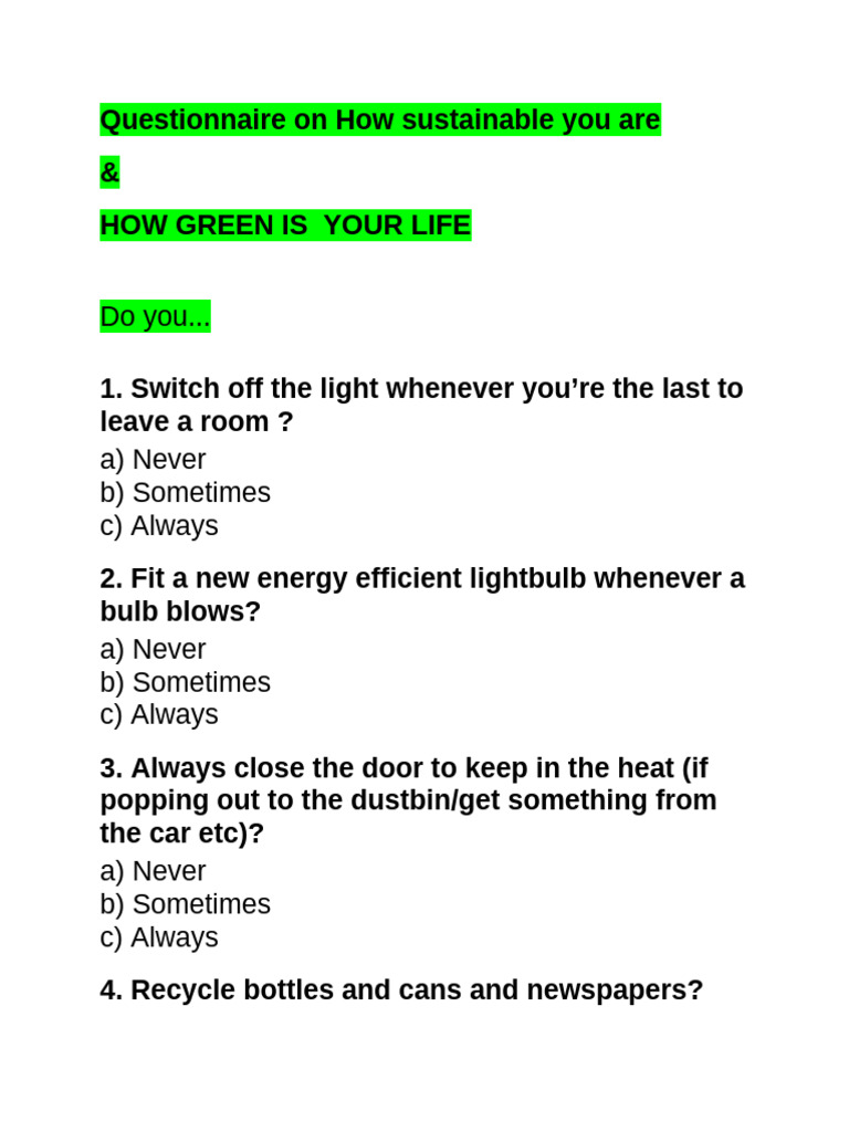 Sustainable Living Questionnaire | PDF | Manure | Agriculture