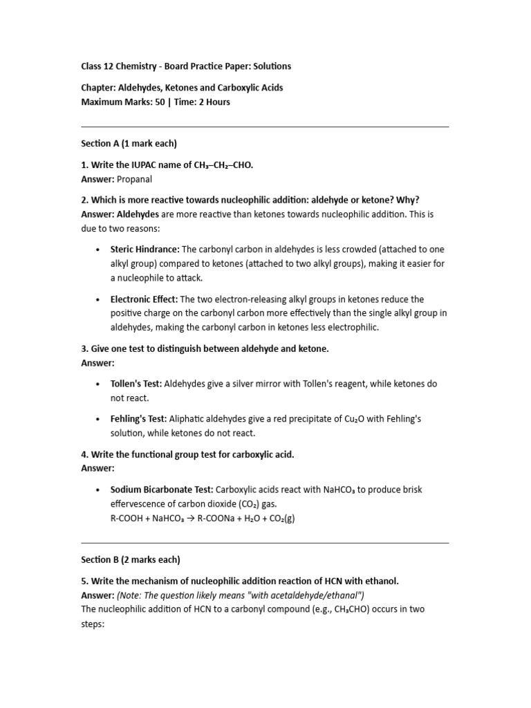 Aldehydes Ketones CarboxylicAcids Class12solution | PDF | Aldehyde | Ketone