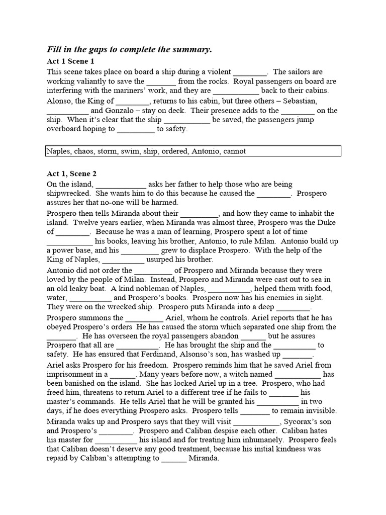 Act 1 Summary of The Tempest | PDF | The Tempest | Shakespearean Comedies