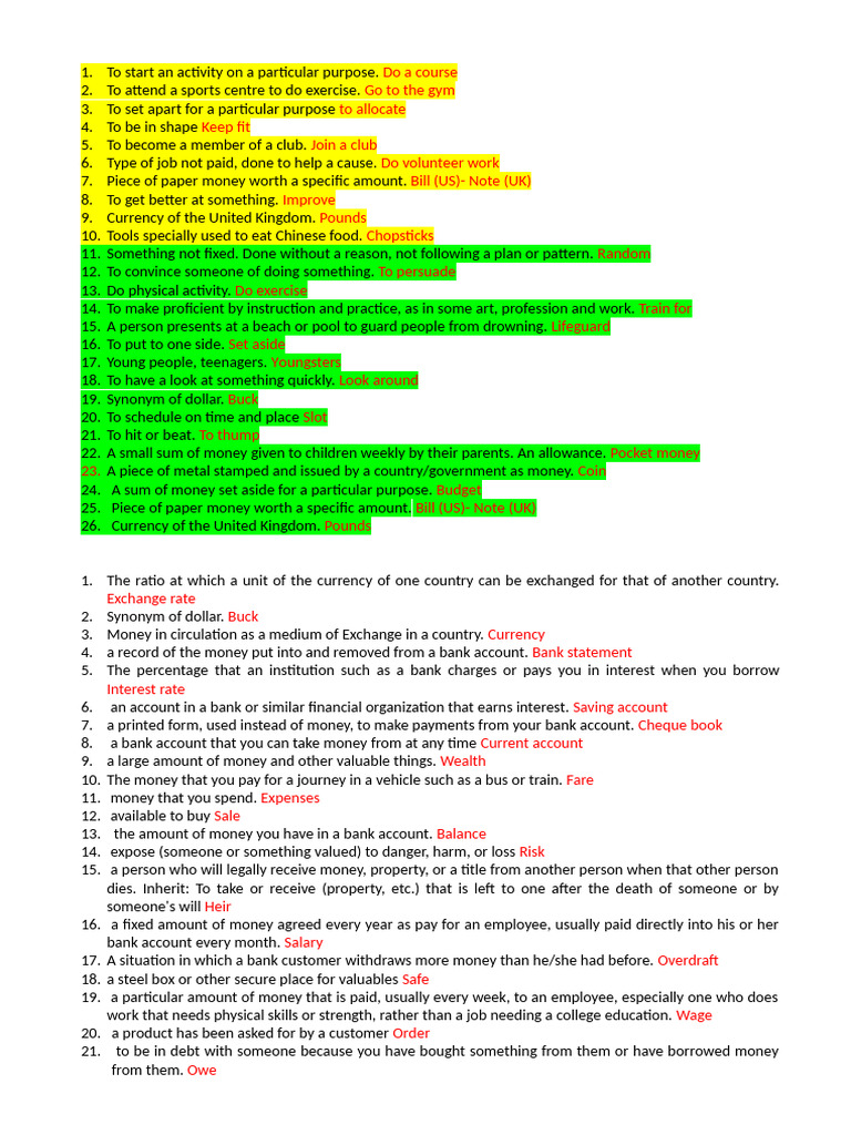 Exercises Definitions With Keys | PDF | Money | Banks