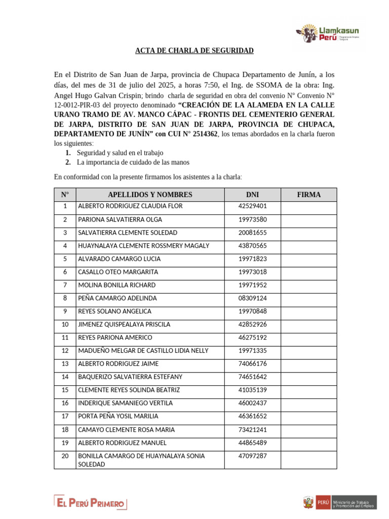 Acta de Charla de Seguridad Llamkasum de 31 de Julio | PDF