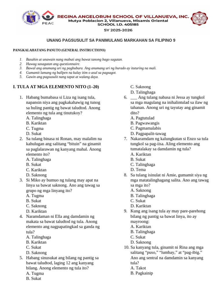 1st Pre-Quarter Exam Sa Filipino 9 | PDF