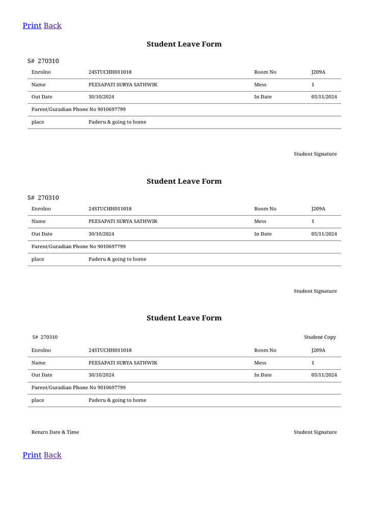Student Leave Form for PEESAPATI S. | PDF