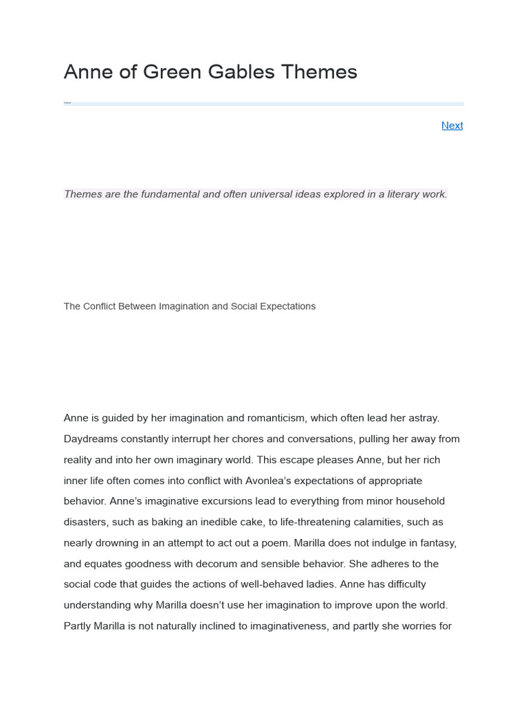 Themes in Anne of Green Gables | PDF | Feeling | Imagination