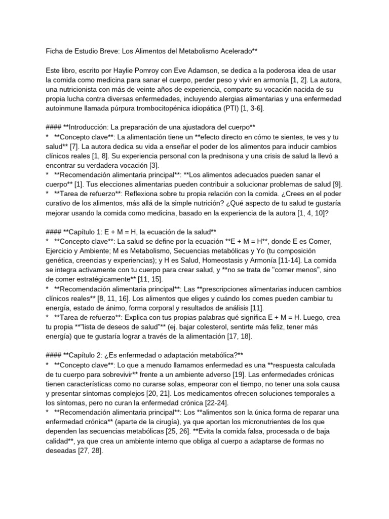 Ficha de Estudio Breve - Los Alimentos Del Metabolismo Acelerado | PDF ...