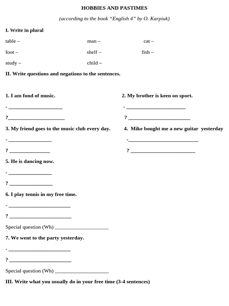 Hobbies and Pastimes Unit Test 1.10 | PDF