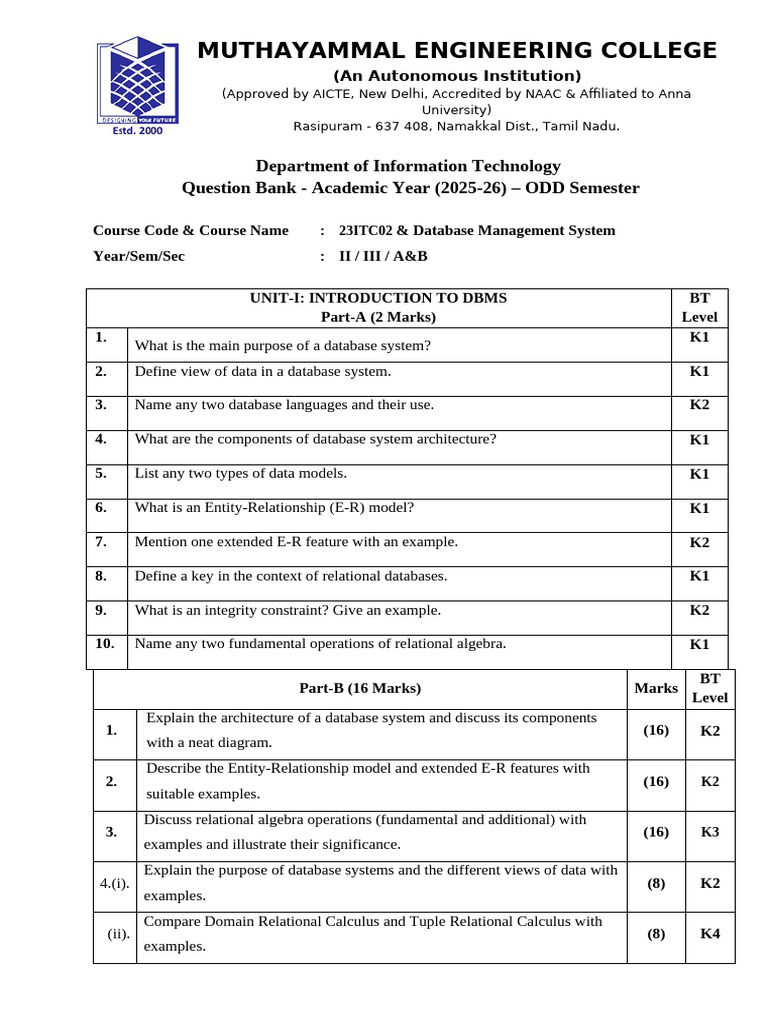 Database Management System Question Bank | PDF | Sql | Databases