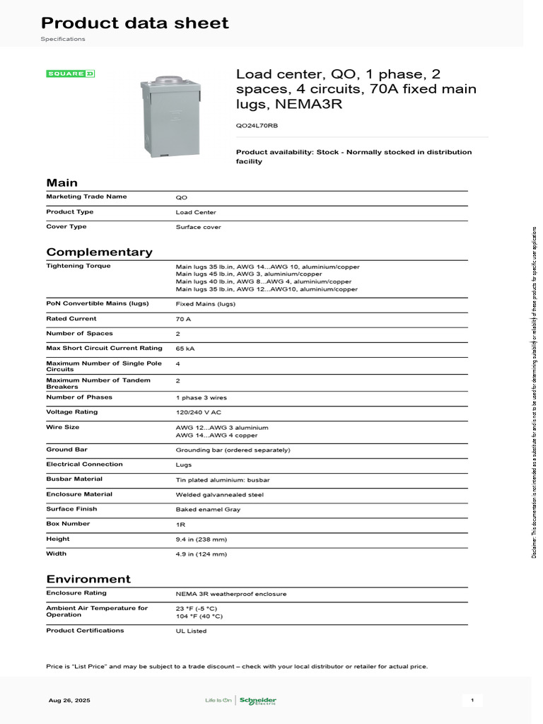 Schneider Electric QO-Load-Centers QO24L70RB | PDF | Mains Electricity ...