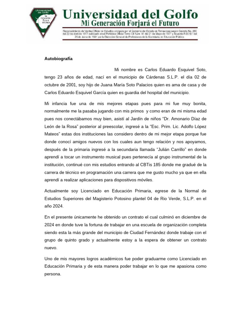 Autobiografía de un Licenciado en Educación | PDF