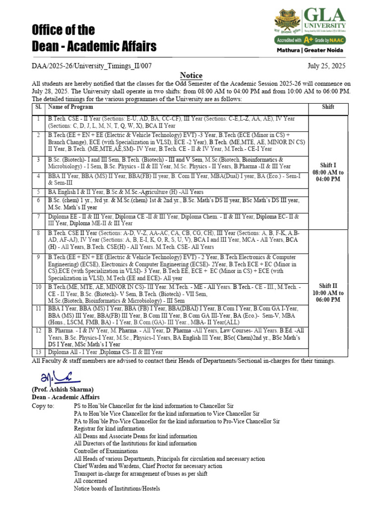 Class Schedule and Shift Timings For Odd Semester 2025-26 | PDF | Academic Degree | Educational ...