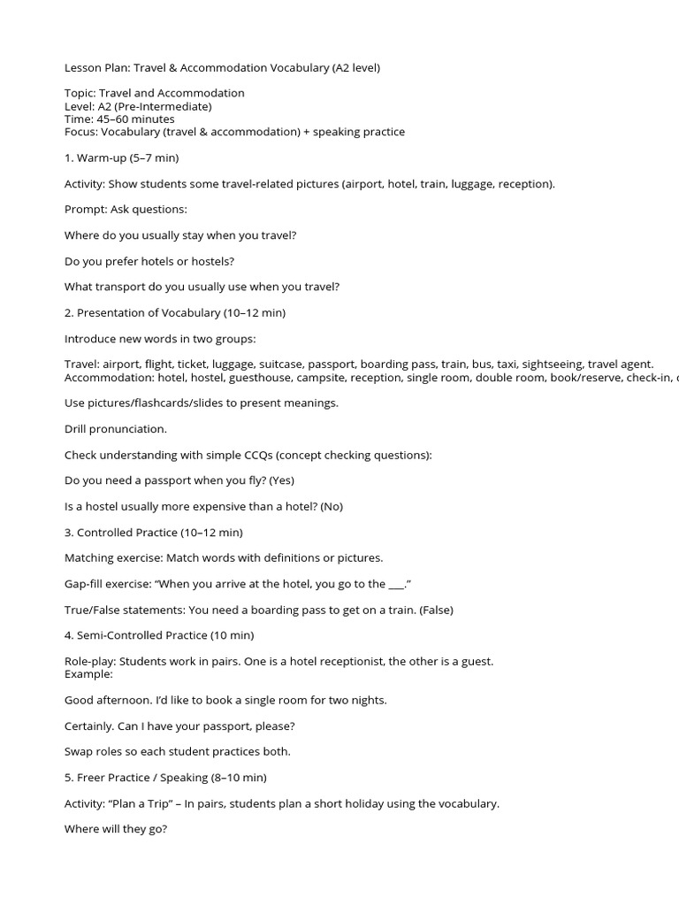 Travel & Accommodation Vocabulary Lesson | PDF