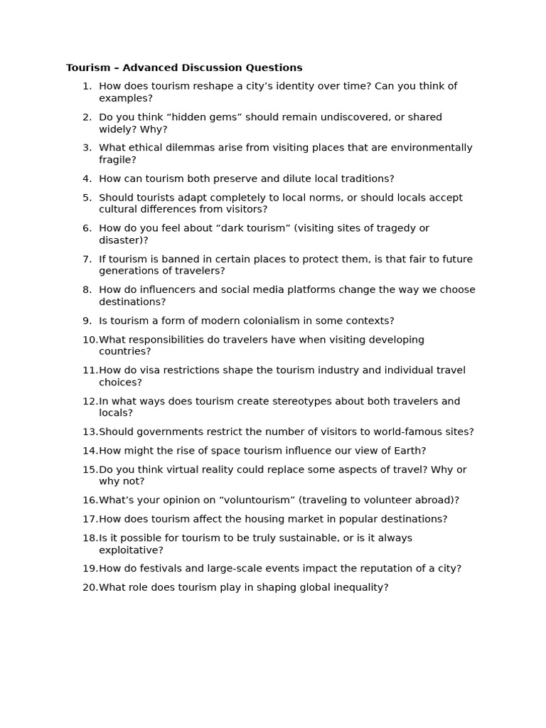 Advanced Tourism Discussion Questions | PDF