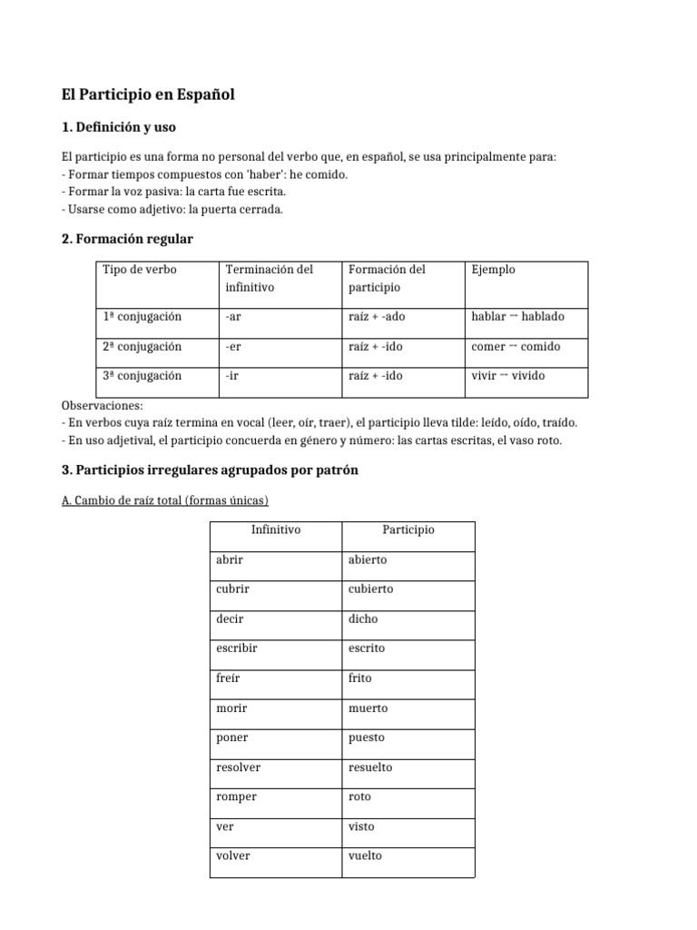 Uso y Formación del Participio en Español | PDF | Verbo | Tipología ...