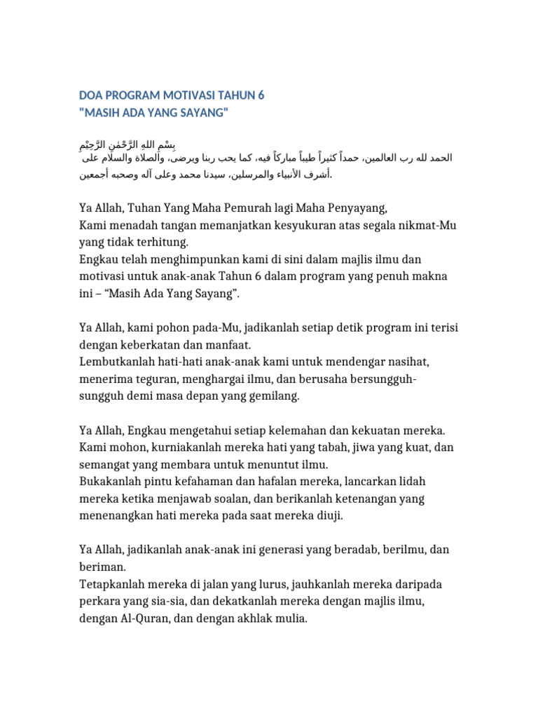Doa Program Motivasi Tahun 6 Masih Ada Yang Sayang | PDF